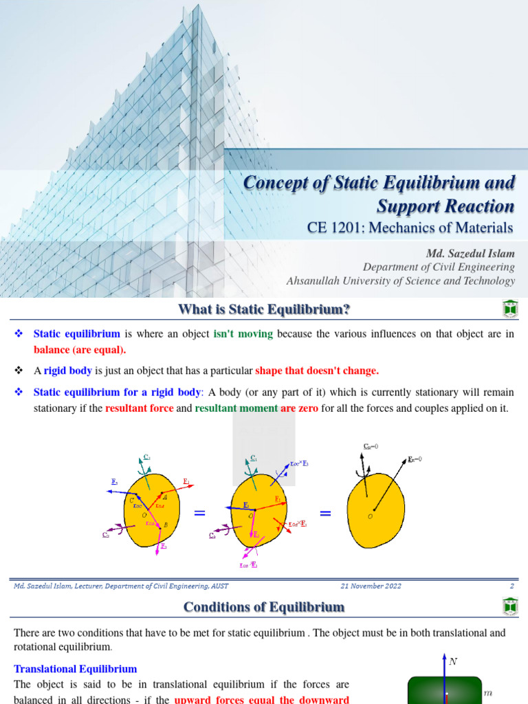Concepts of Static Equilibrium and Support Reaction (Civil Engg. For ...