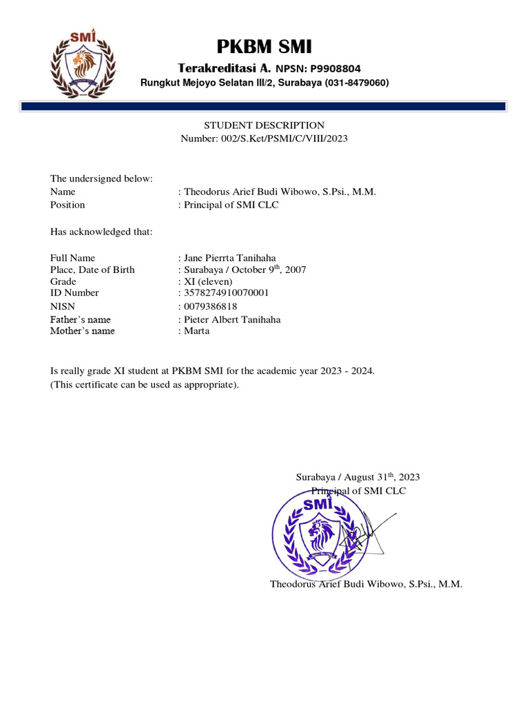 002.S.ket.SMA. Surat Ket Siswa Jane (Bilingual) | PDF