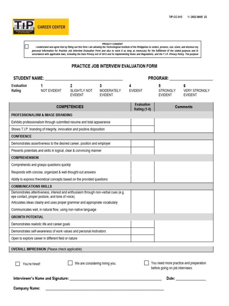 Tip-Cc-015 Practice Job Interview Evaluation Form-2 | PDF | Job ...