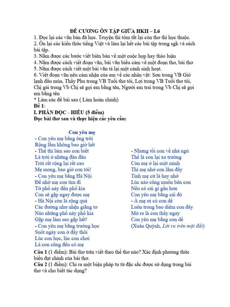 Đề Cương Ôn Tập Giữa Hkii | PDF