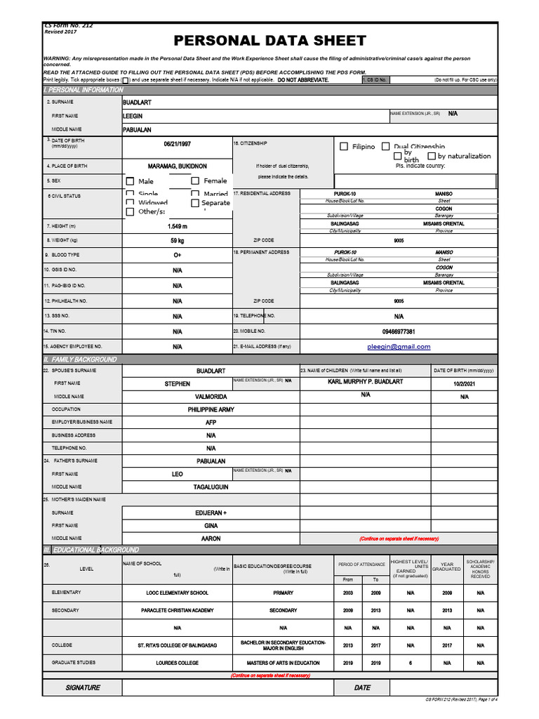 Long CS Form No. 212 Personal Data Sheet - Excel Format | PDF | Government