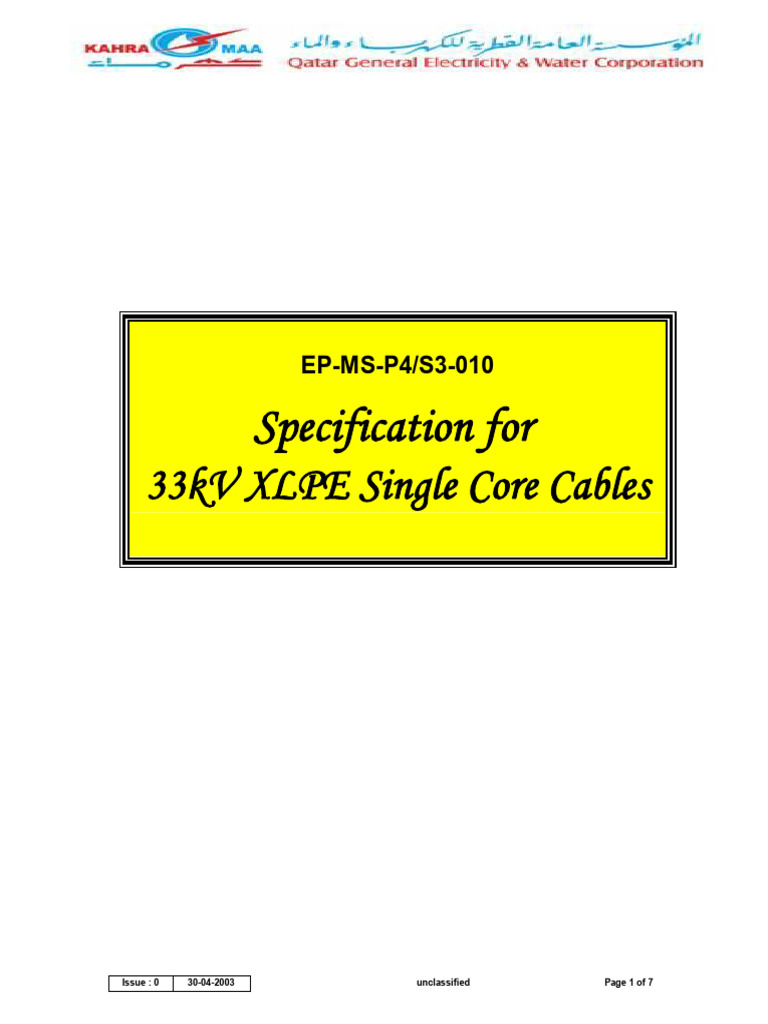 33kV XLPE Single Core Cable Specification | PDF | Insulator ...