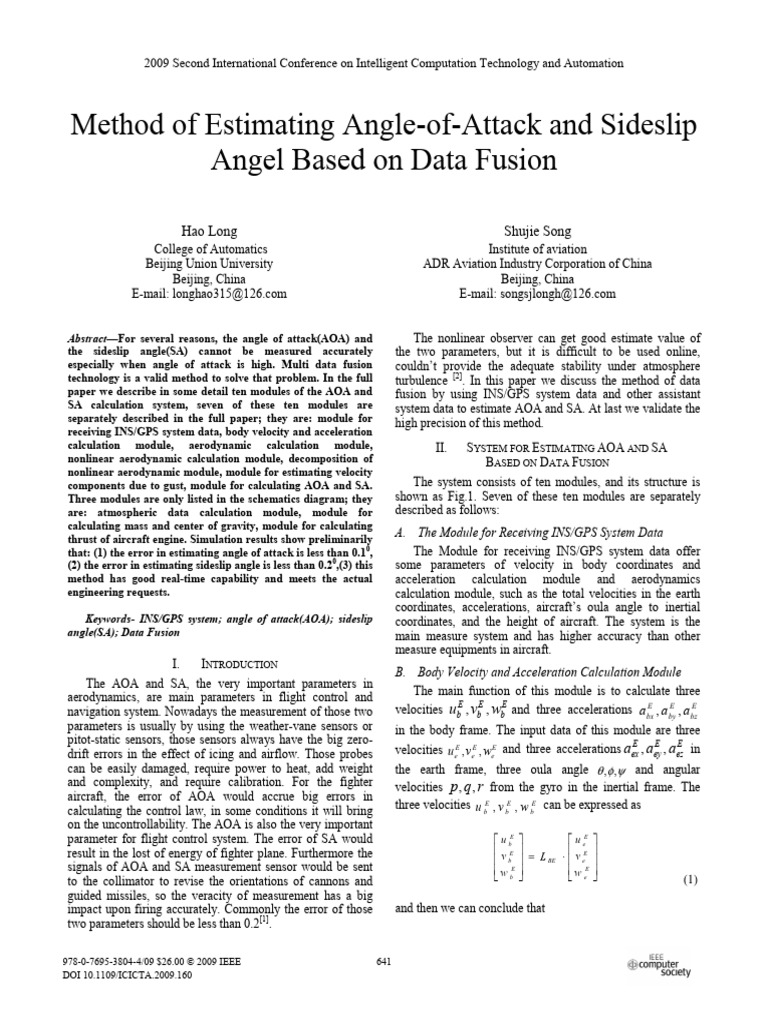 Method of Estimating Angle-of-Attack and Sideslip Angel Based On Data Fusion | PDF | Inertial ...