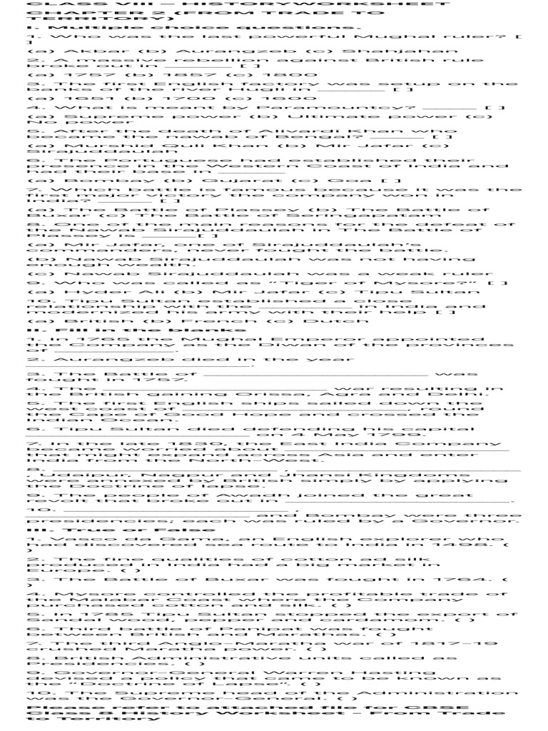 CBSE Class 8 History From Trade To Territory Worksheet Set C | PDF ...