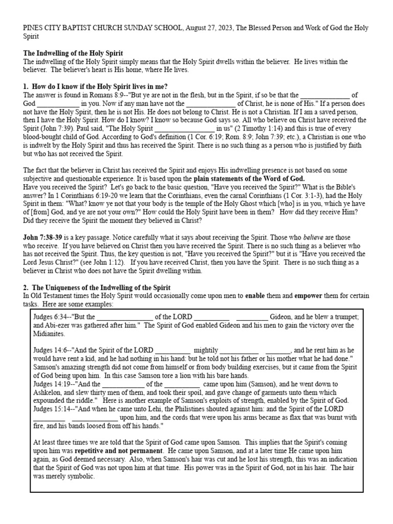 SS 6 The Indwelling of The Holy Spirit | PDF | Samson | Gospel Of John