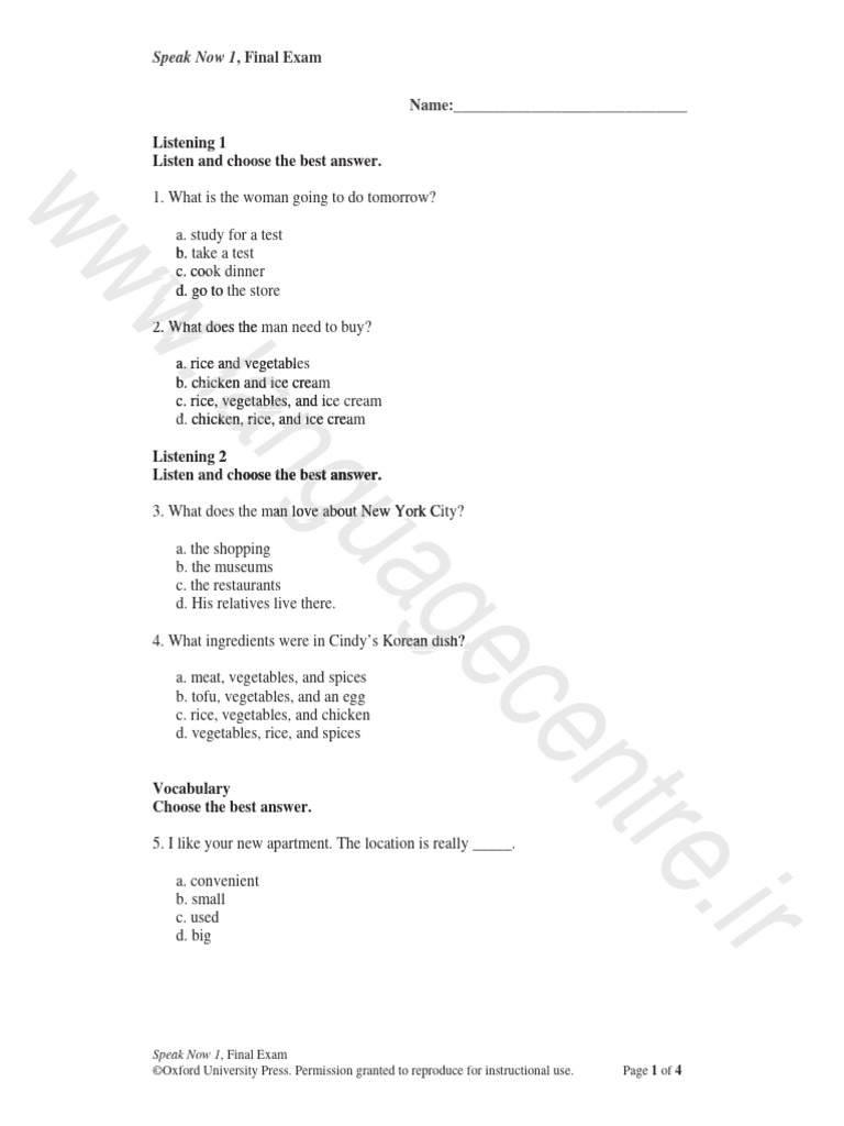 Speak-Now 1 - Final - Exam-Written | PDF | Nutrition | Diet & Nutrition