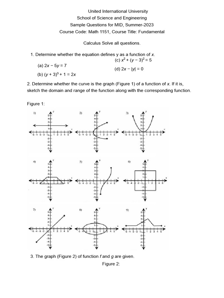 Math 1151 Sample Questions For MID Exam Summer 2023 | PDF | Function (Mathematics) | Tangent