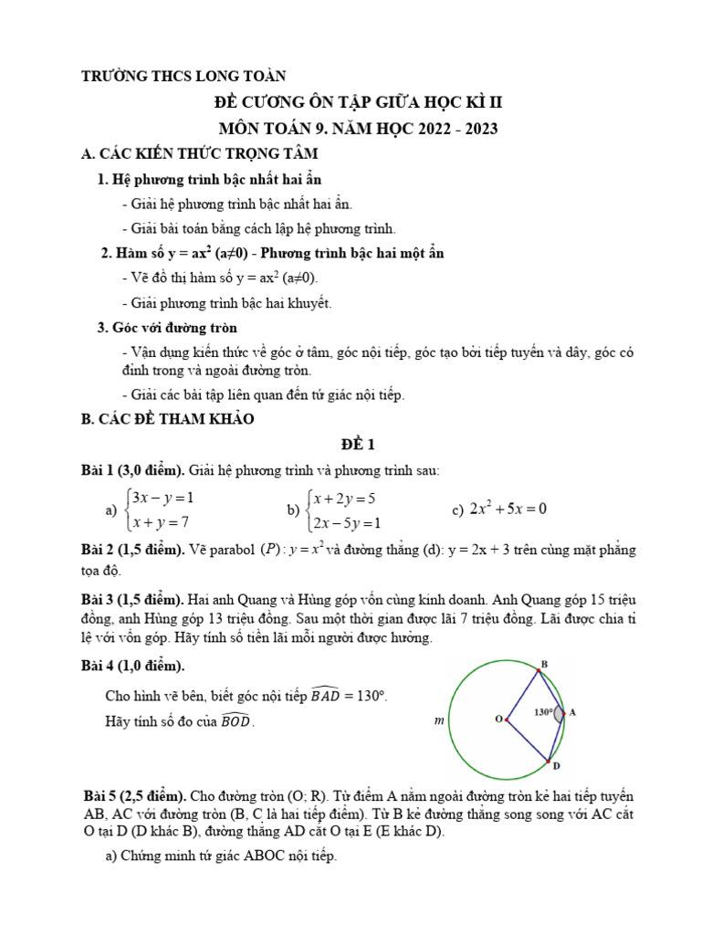 De Cuong Giua Ki 2 Toan 9 Nam 2022 2023 Truong Thcs Long Toan BR VT | PDF