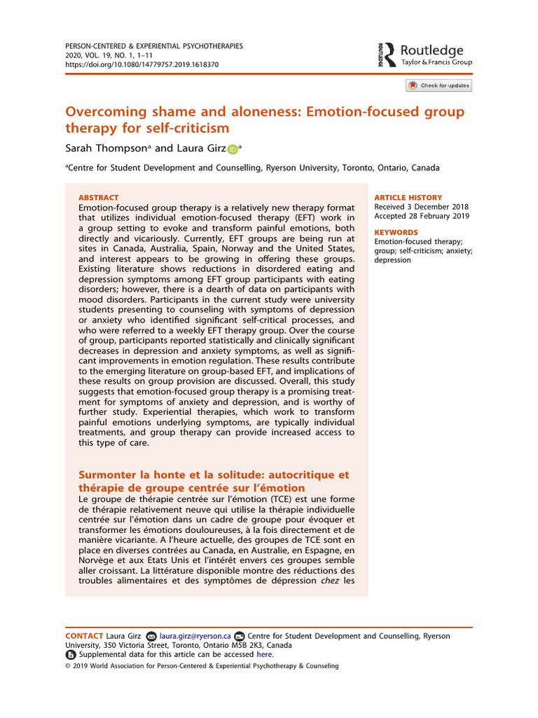 Overcoming Shame and Aloneness: Emotion-Focused Group Therapy For Self ...