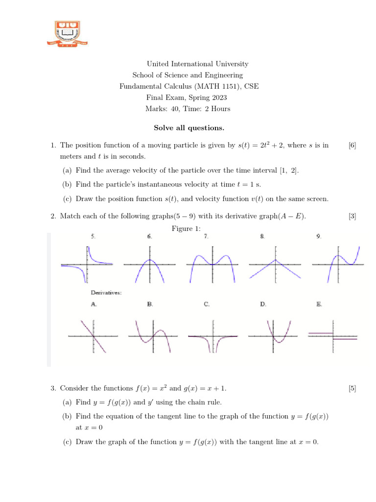 MATH 1151 Final Exam Spring 2023 | PDF | Velocity | Function (Mathematics)