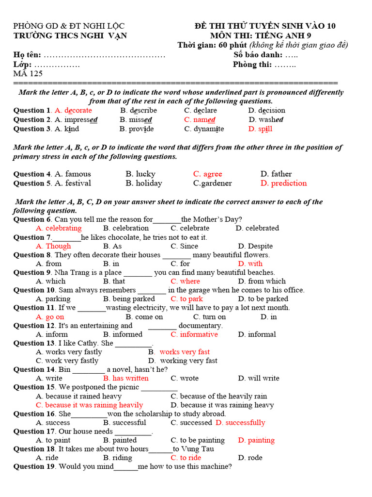 MISS TAM TEST 1 Có KEY | PDF | Adolescence | English Language