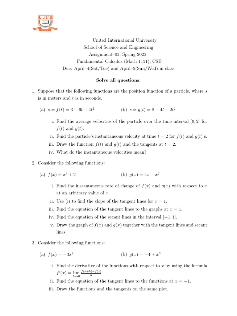 Fundamental Calculus Assignment 03 CSE Spring 2023 | PDF | Derivative | Tangent