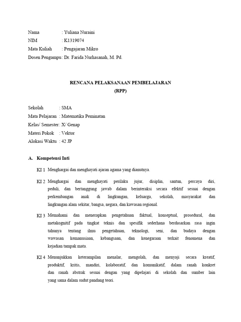 Revisi RPP Vektor - Yuliana Nuraini - K1319074 | PDF