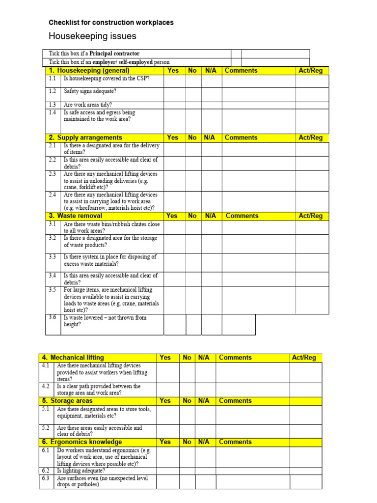 Construction Site Housekeeping Checklist | PDF | Housekeeping | Crane ...