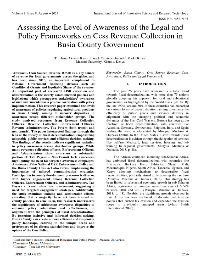 Assessing The Level of Awareness of The Legal and Policy Frameworks On Cess Revenue Collection ...