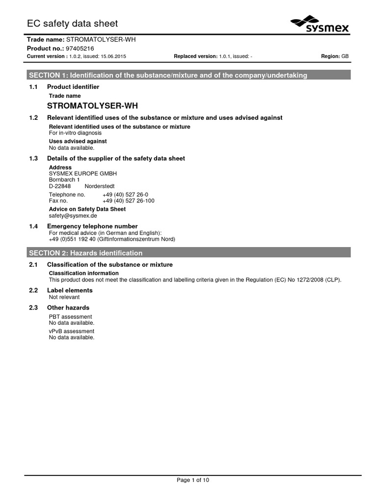 SDS Sysmex Hematology STROMATOLYSER-WH - 643560 - GB - EN - V-1.0.2 ...