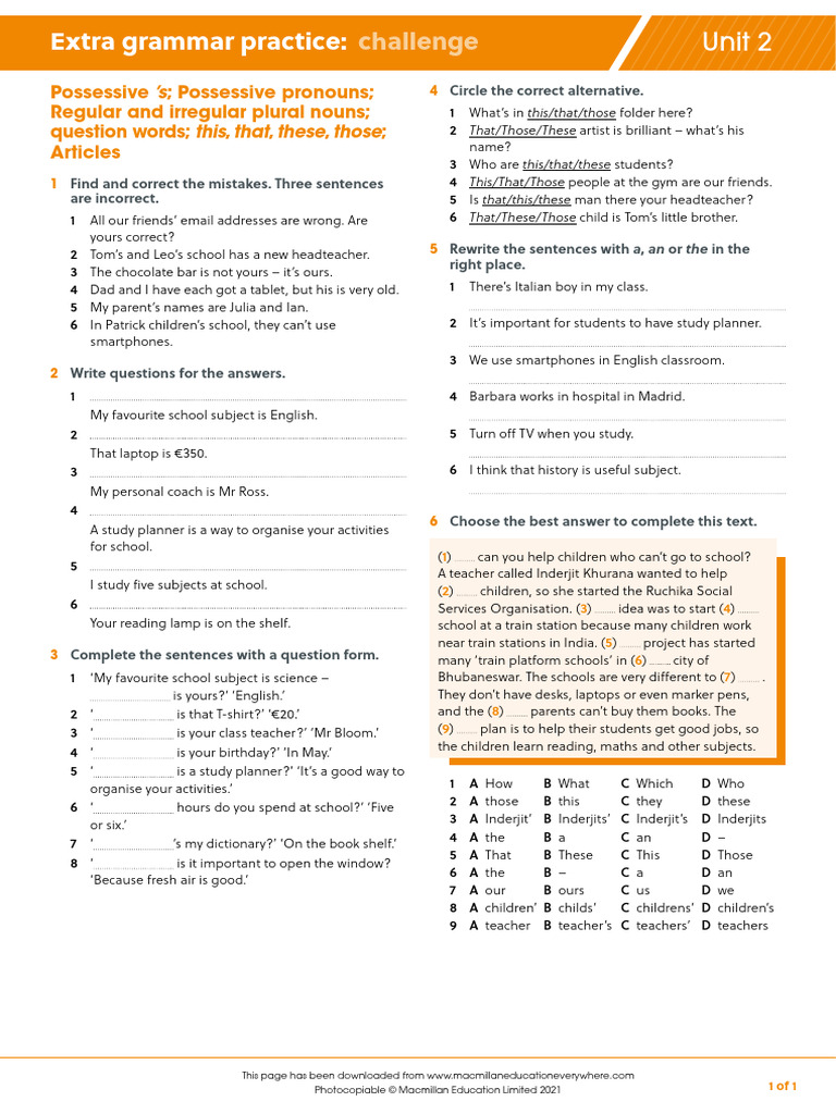 A1PLUS U2 Extra Grammar Practice Challenge | PDF | English Language | Grammar