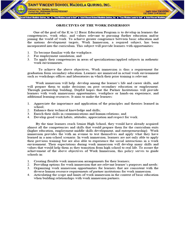 Work Immersion | Download Free PDF | Learning | Curriculum