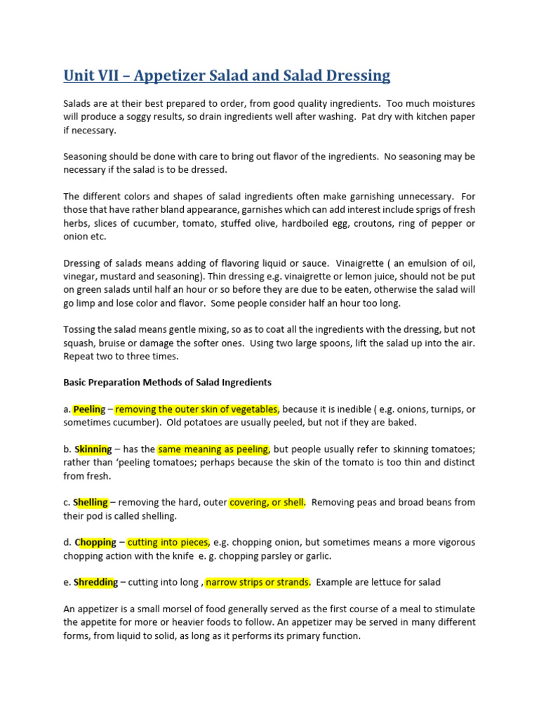 UNIT VII Salad and Salad Dressing | PDF | Wellness