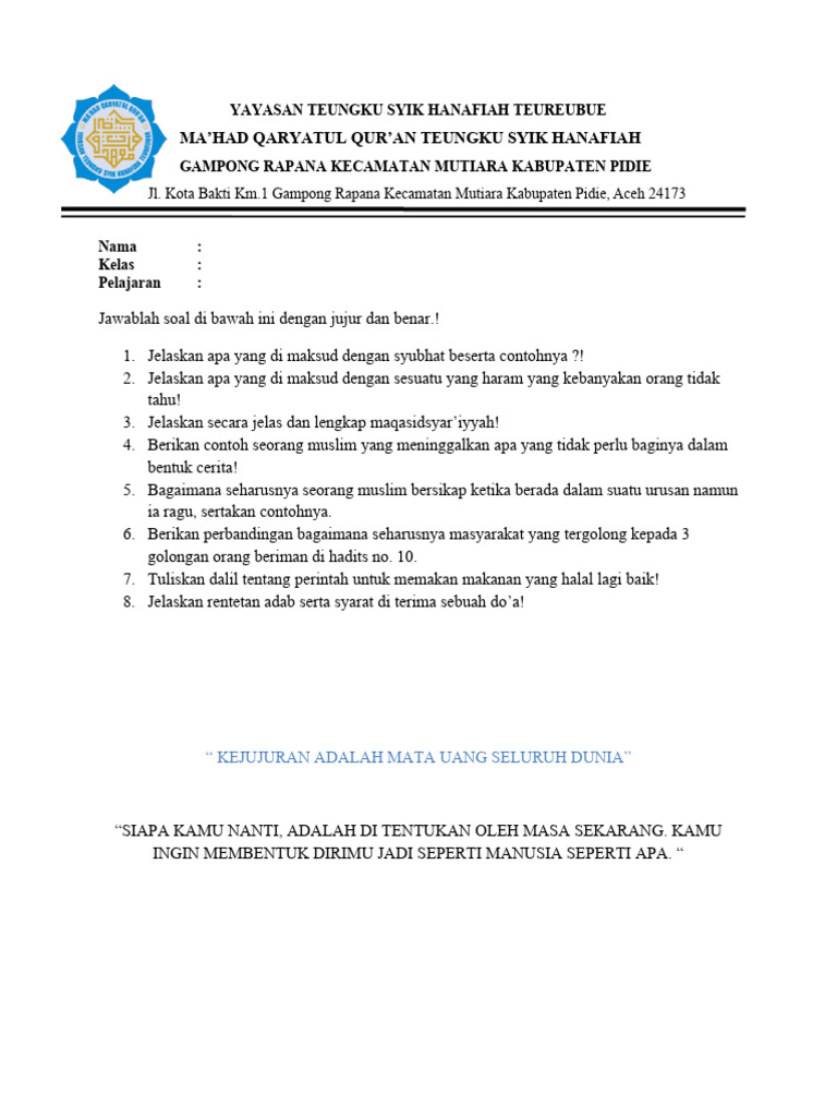 Soal Hadits Kelas 8 Tahun 2022-2023 PTS - Ell | PDF