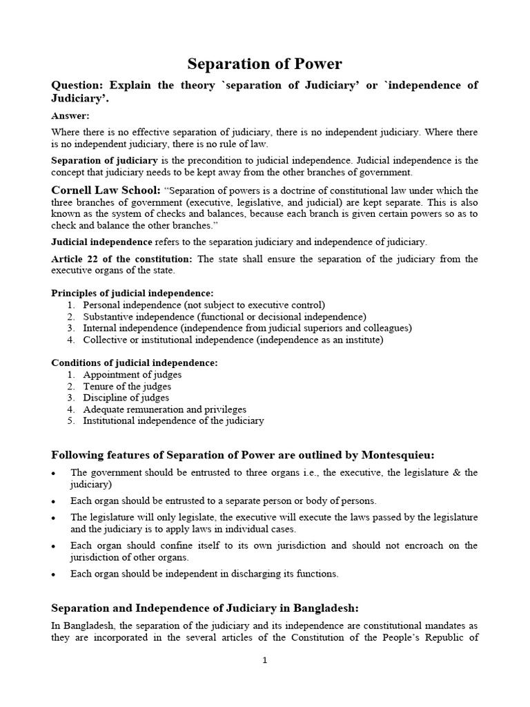 Separation of Power Note Final | PDF | Separation Of Powers | Judiciaries