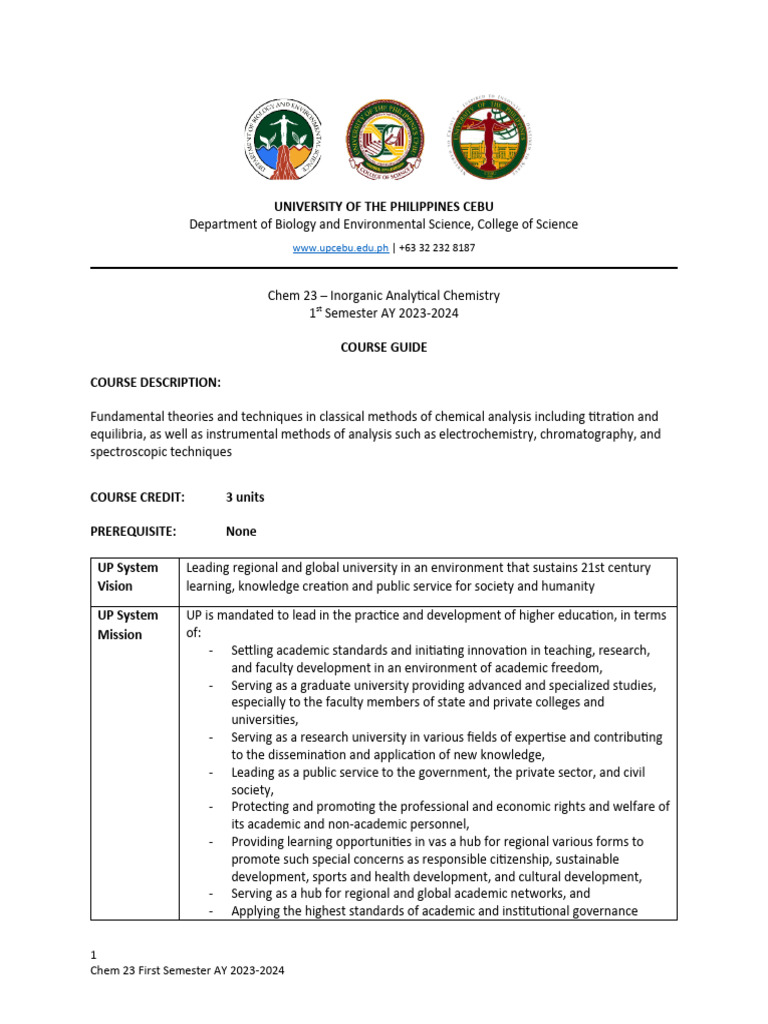 Chem 23 Course Syllabus - FS 2023-2024 | PDF