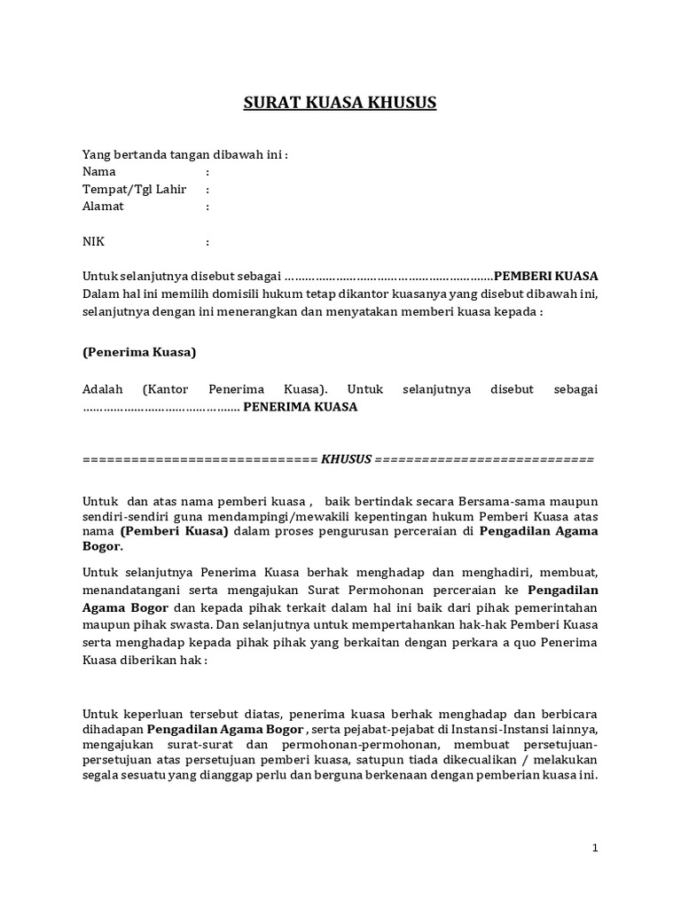 Surat Kuasa PERCERAIAN FORMAT | PDF