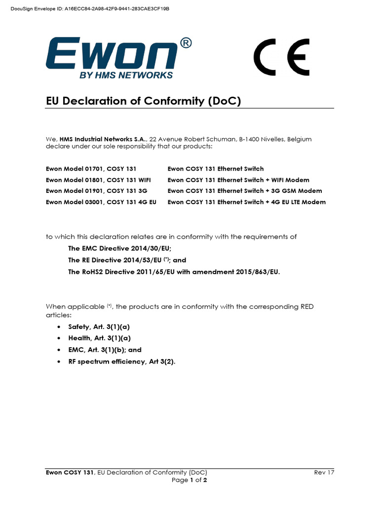 Ewon COSY 131 EU Conformity Declaration | PDF | Data Transmission ...