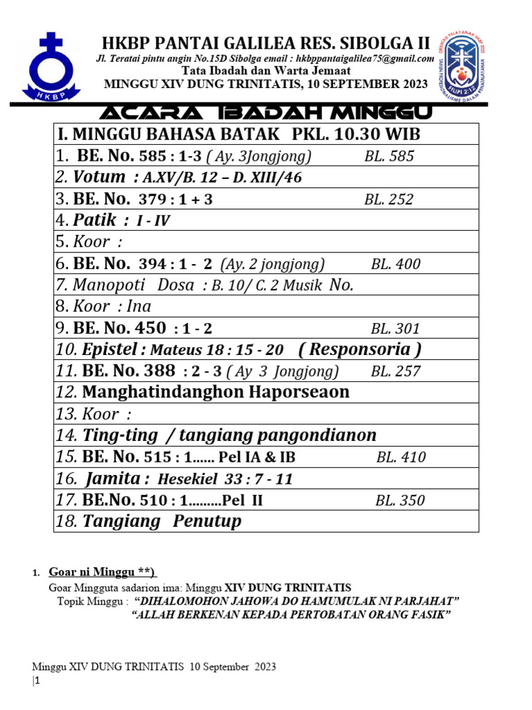 Ibadah Minggu XIV Trinitatis HKBP | PDF