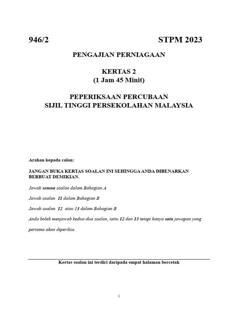 Soalan Percubaan Pengajian Perniagaan STPM 2023 Set 1 | PDF