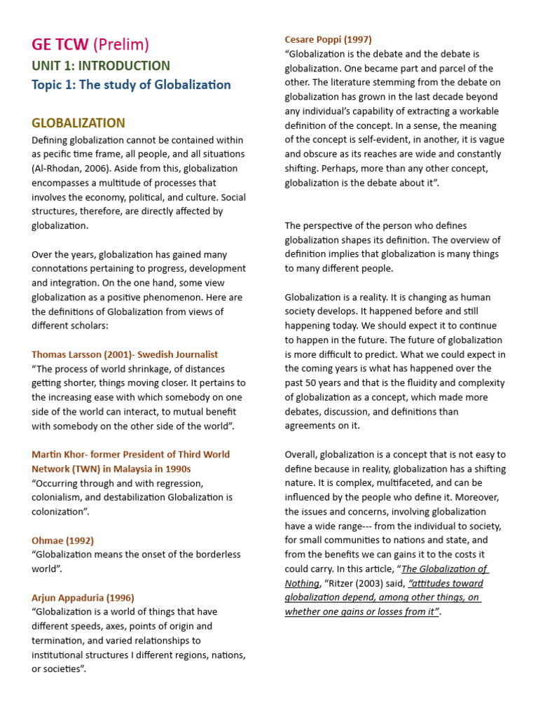 GE TCWprelims | PDF | World Systems Theory | Globalization