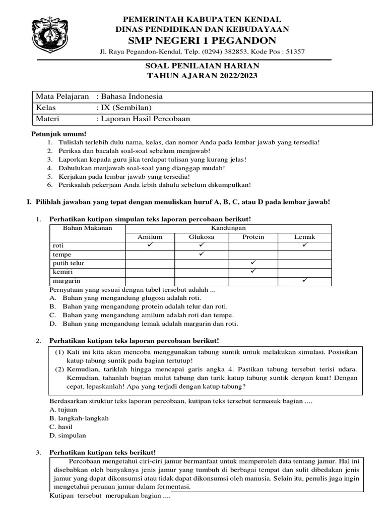 Kirim Oke - Penilaian Laporan Hasil Percobaan Kelas 9 Semester 1 | PDF