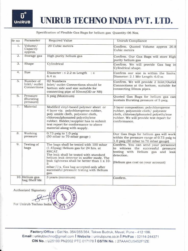 Helium Gas Bag Specification | PDF | Gases | Phases Of Matter