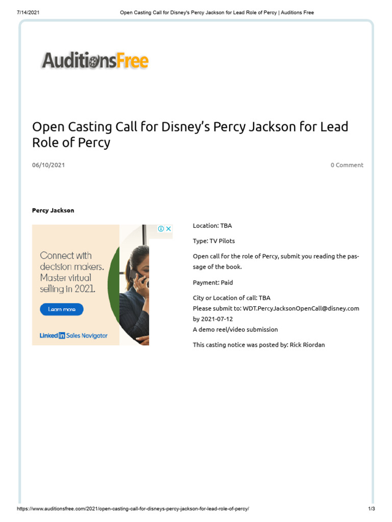 Open Casting Call For Disney's Percy Jackson For Lead Role of Percy ...