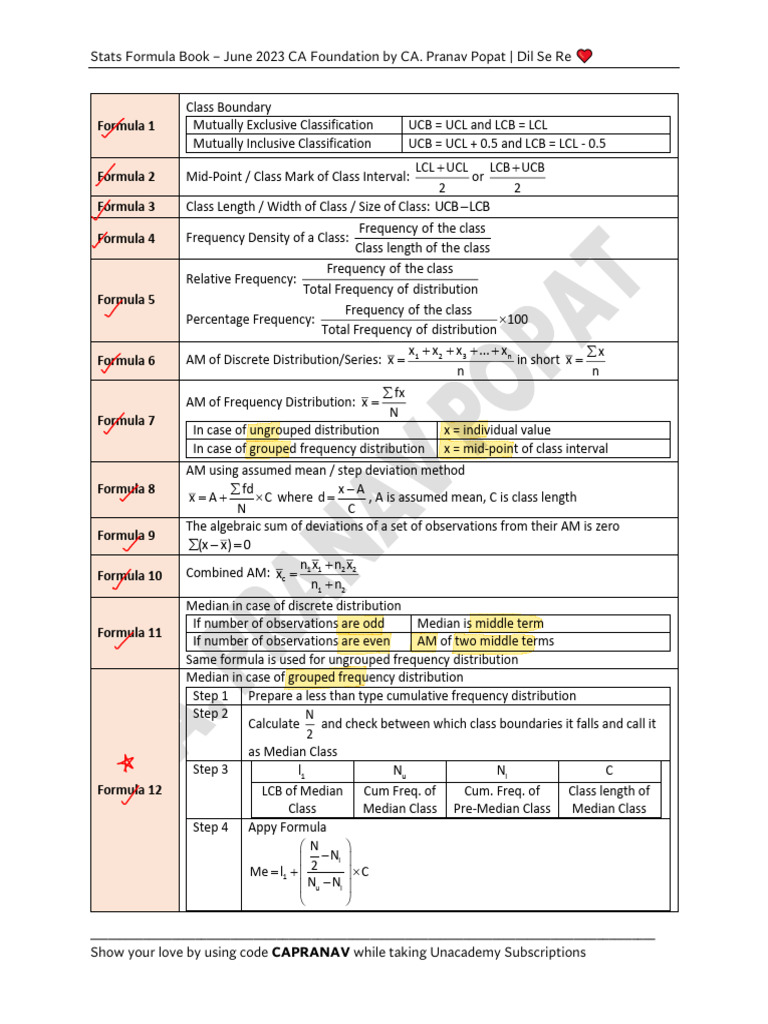 Stats Formula Book CAPRANAV June 2023 | PDF | Mode (Statistics ...
