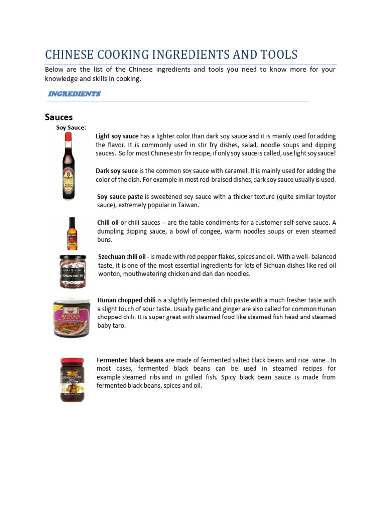 Chinese Cooking Ingredients and Tools | PDF | Chinese Cuisine | Sauce