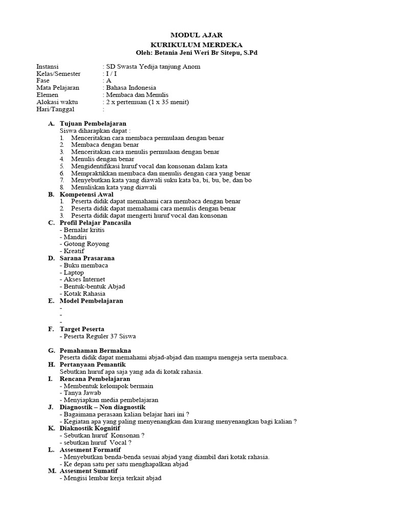 Modul Ajar Huruf Abjad Kelas 1 SD | PDF | Karier & Perkembangan