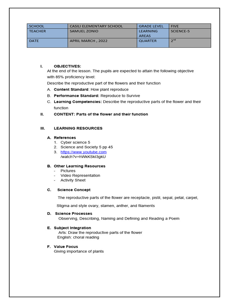 Grade 5 Cot Lesson Plan Science Q2 | PDF | Flowers | Pollination