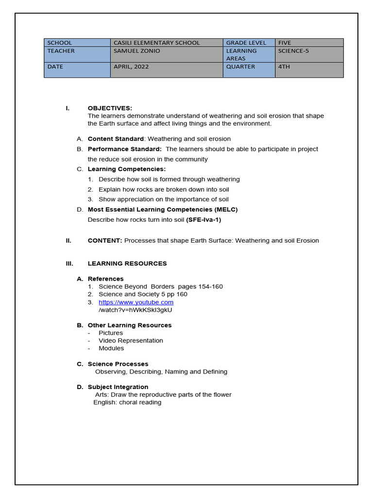 Grade 5 Science Lesson Plan: Soil Erosion | PDF | Weathering | Learning
