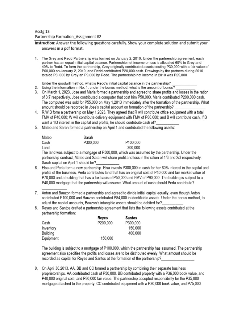 Acctg 13 - Partnership Formation - Assignment 2 | PDF | Partnership | Balance Sheet