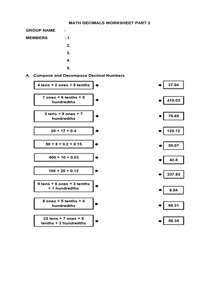 Math Decimals Worksheet Part 2 | PDF