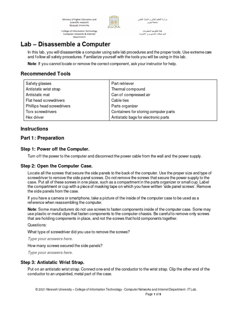 Lab 2 - Disassemble A Computer | PDF | Screw | Computing