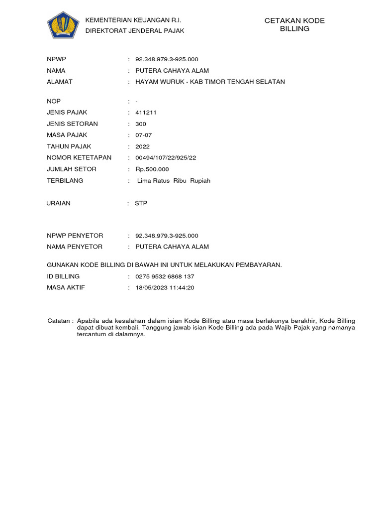 Cetakan Kode Billing PT PCA | PDF