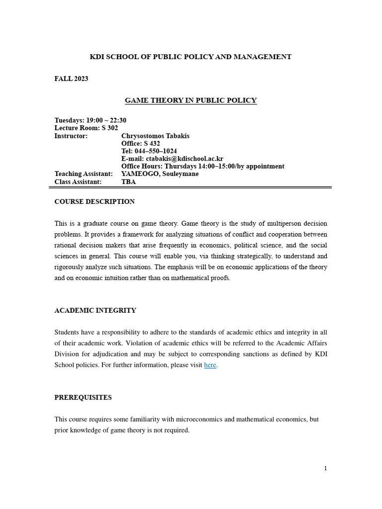 Game Theory Course at KDI School | PDF | Theory | Game Theory