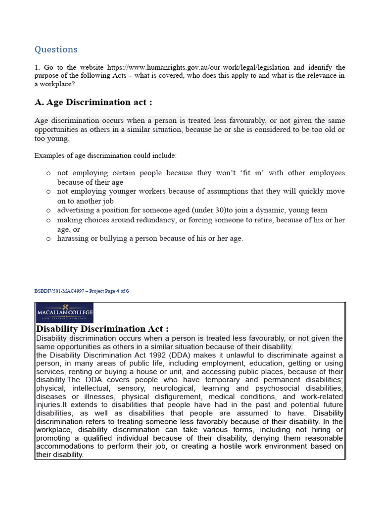 A. Age Discrimination Act:: Questions | PDF | Discrimination | Harassment