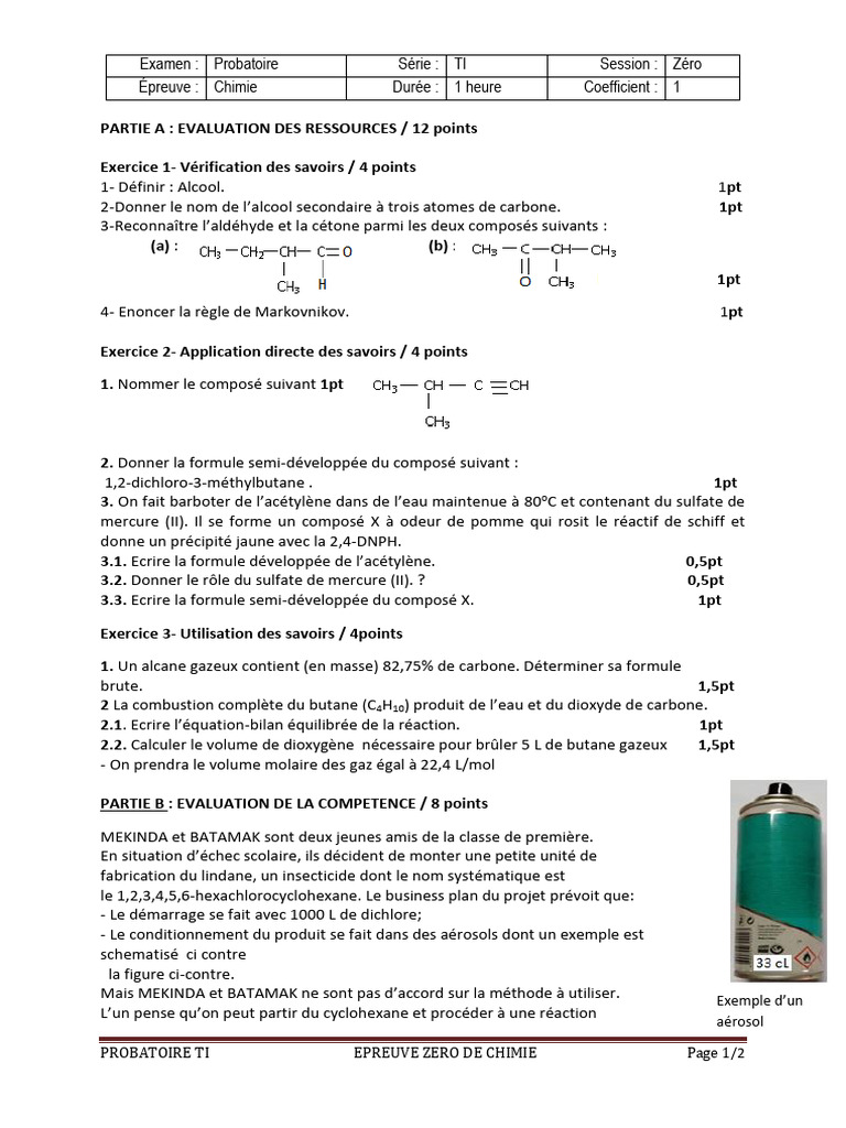 2 Epreuve Zero Chimie TI | PDF