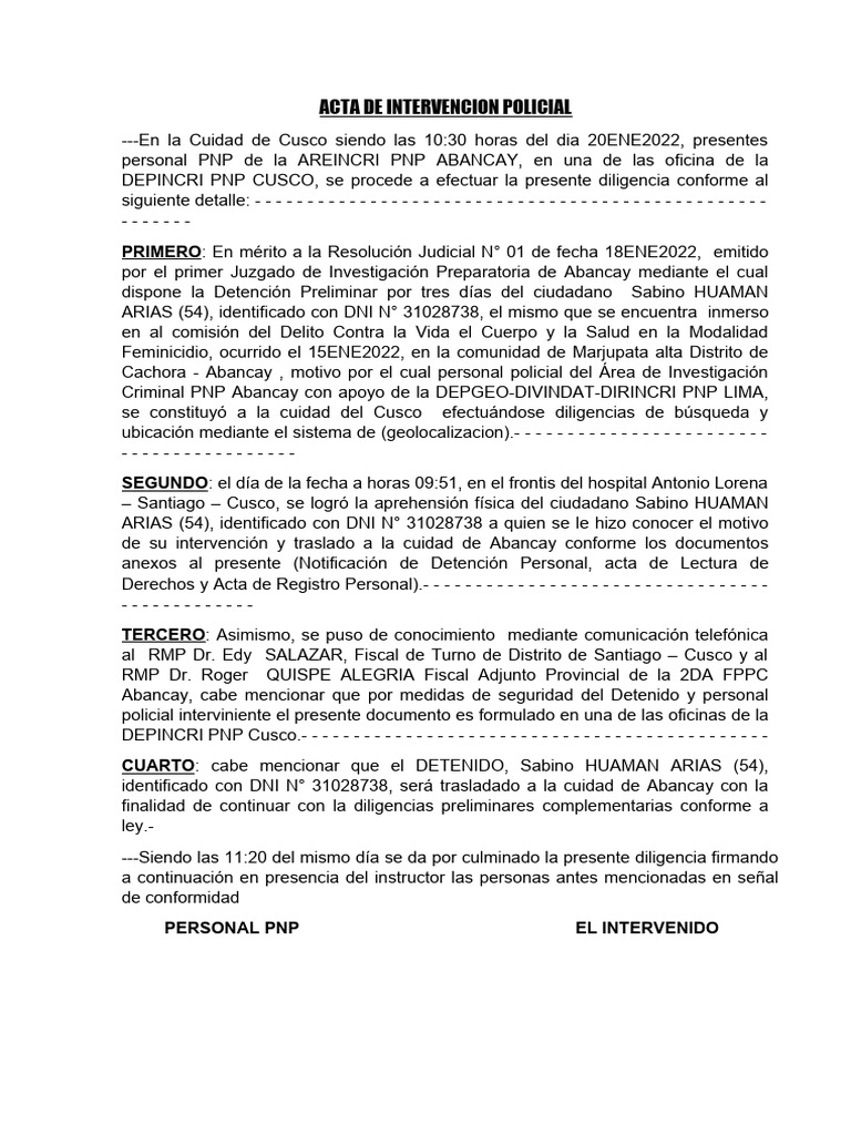 Acta de Intervencion Policial | PDF | Justicia | Crimen y violencia