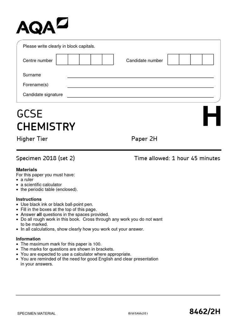 8462 2H QP Chemistry Specimen (Set 2) v1.0 | PDF | Ammonia | Chemical Reactions
