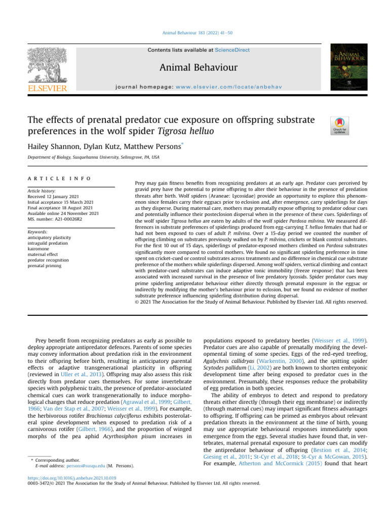 The Effects of Prenatal Predator Cue Exposure On Offspring Substrate ...