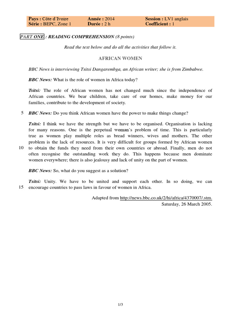 Preuve D'anglais, BEPC, Zone 1, Année 2014, Côte D'ivoire | PDF